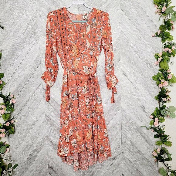 Jaase | Dresses | Jaase Orange Floral Long Sleeve Hi Lo Dress Size ...